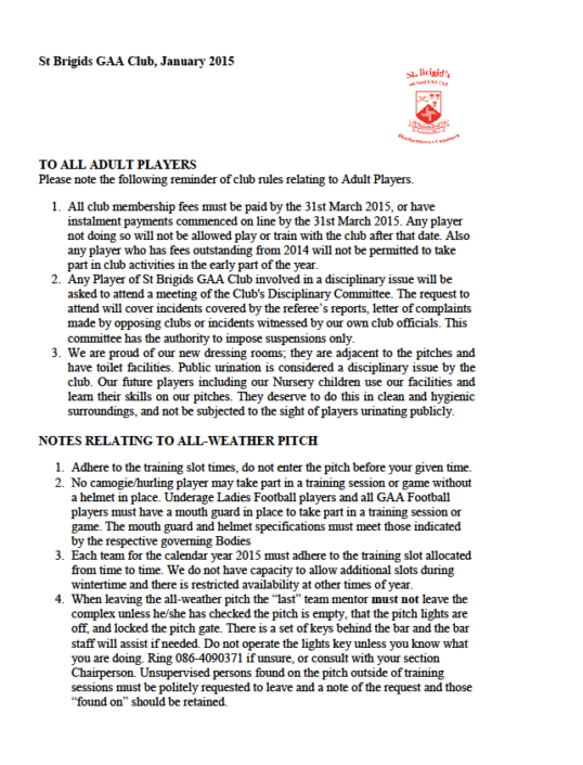 Club Rules And Feile Guidance Document – St Brigid's GAA